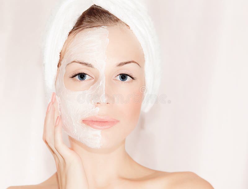 Facial Mask on Beautiful Face Stock Photo - Image of hand, portrait ...