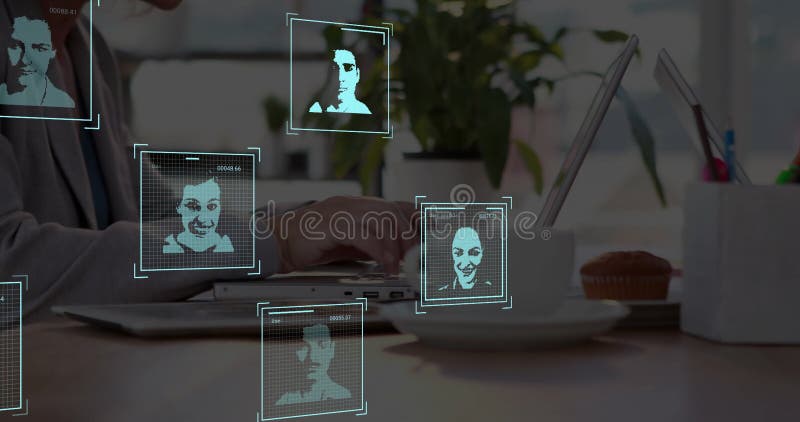 Facial Recognition Animation Over Person Typing on Laptop in Office ...