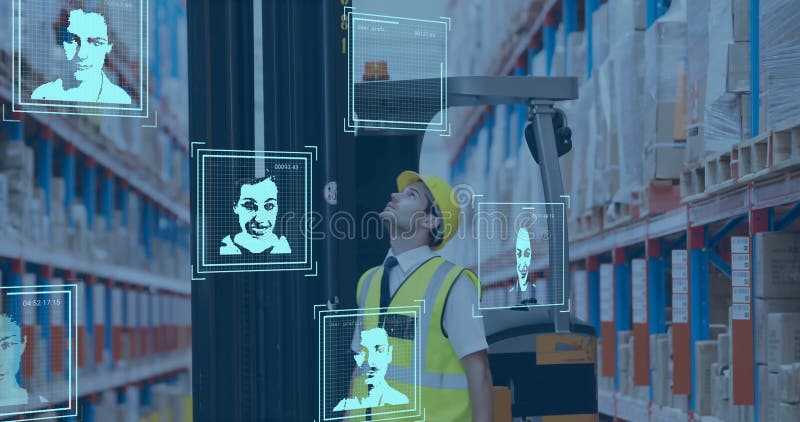 Facial Recognition Animation Over Warehouse Worker Operating Forklift Stock Footage - Video of ...