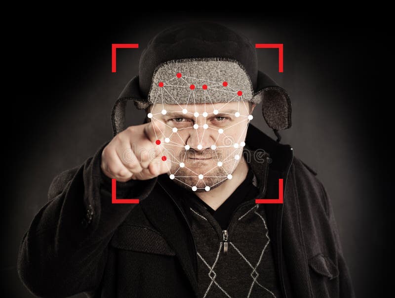 Facial Recognition and Crime Concept. Man Pointing Finger at Technology ...