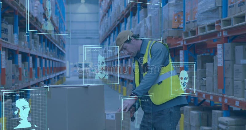 Facial Recognition Image Over Warehouse Worker Handling Large Box Stock Photo - Image of ...