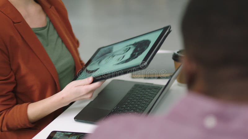 Facial Recognition Software, Tablet and Business People in Meeting or ...