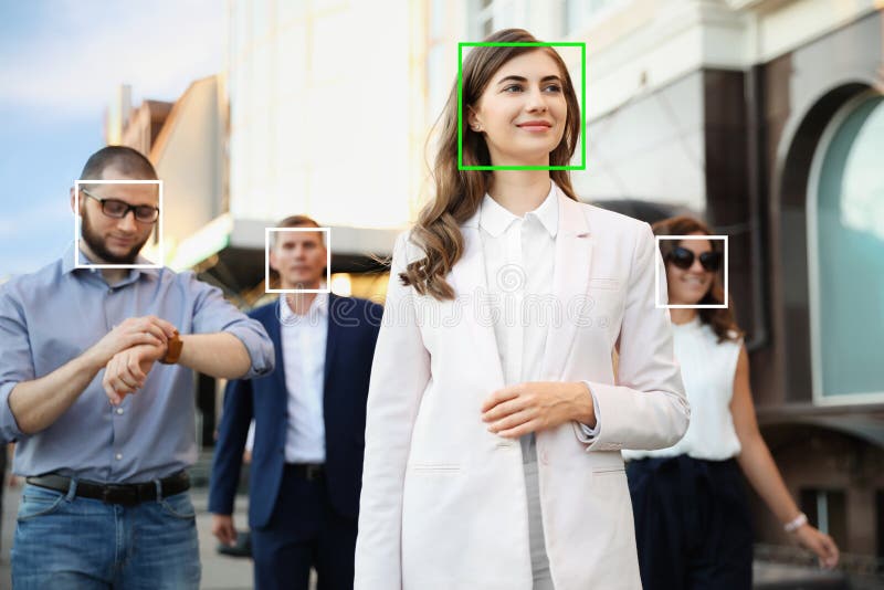 Facial Recognition System Identifying People on City Street Stock Photo ...