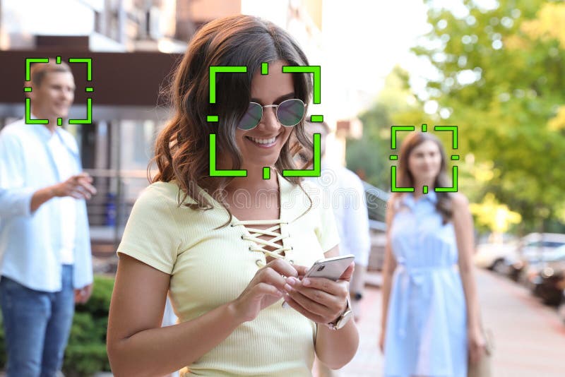 Facial Recognition System Identifying People on City Street Stock Image ...