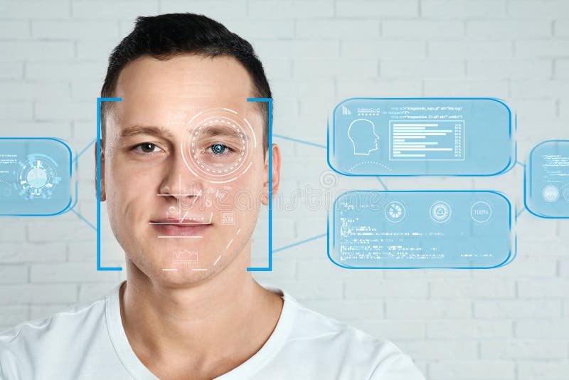 Facial Recognition System. Man with Scanner Frame on Face, Information ...