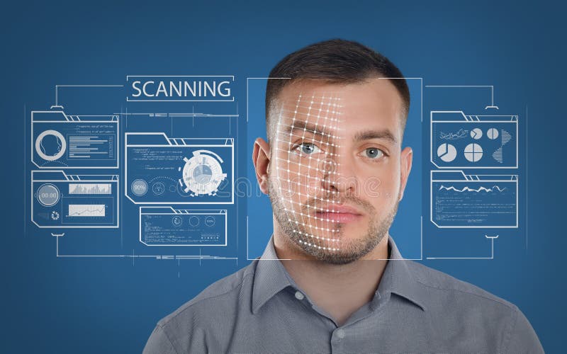 Facial Recognition System. Man with Scanner Frame on Face, Information ...