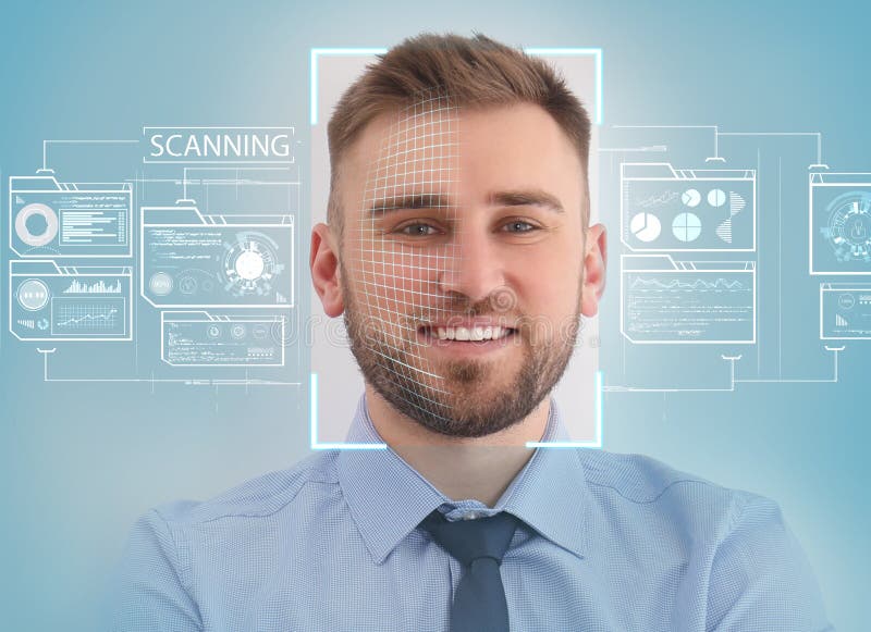 Facial Recognition System. Man with Scanner Frame on Face, Information ...