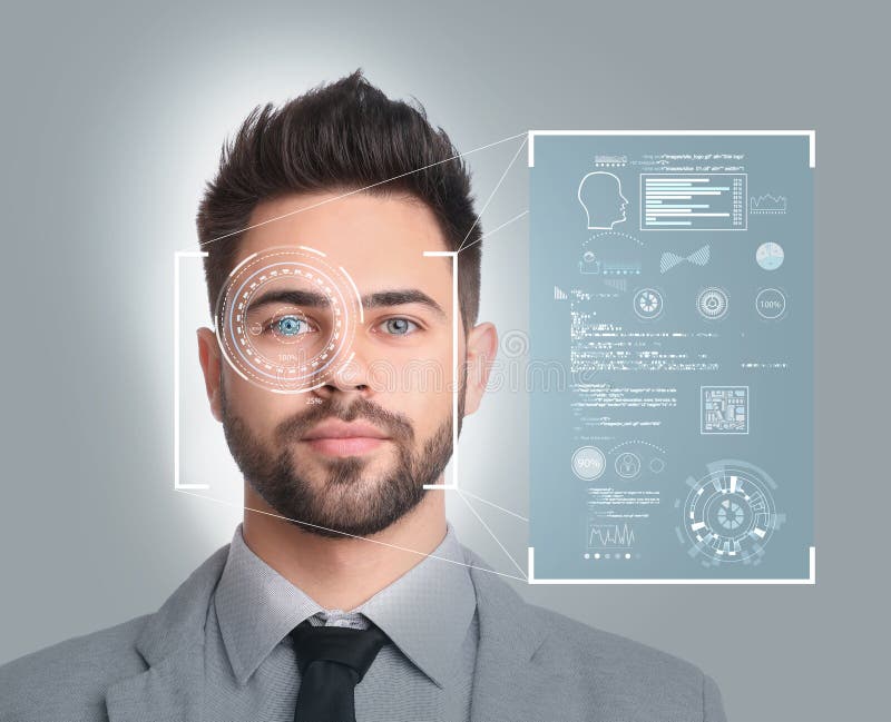 Facial Recognition System. Man with Scanner Frame on Face, Information ...