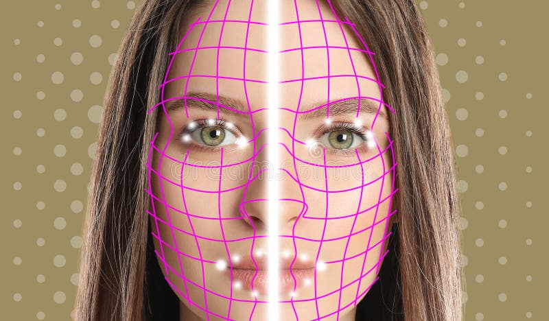 Facial Recognition System Woman With Digital Biometric Grid On