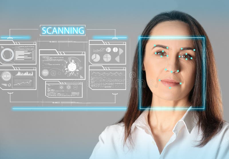 Facial Recognition System. Woman with Scanner Frame on Face ...