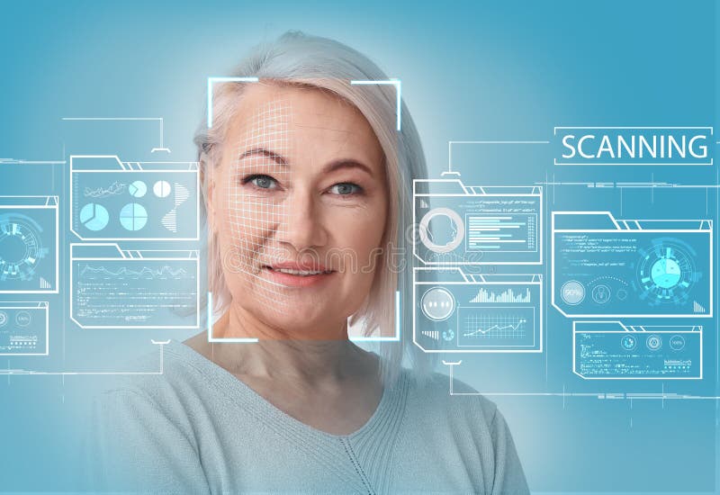 Facial Recognition System. Woman with Scanner Frame on Face ...