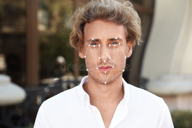 Facial Recognition System Young Man With Digital Biometric Grid Stock