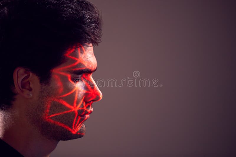 Facial Recognition Technology Concept As Man Has Red Grid Projected ...
