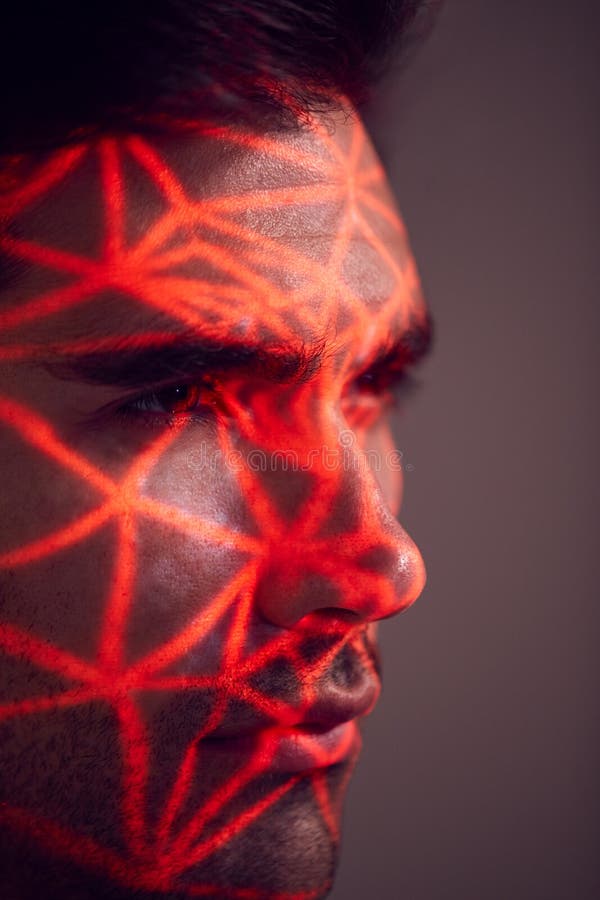 Facial Recognition Technology Concept As Man Has Red Grid Projected ...