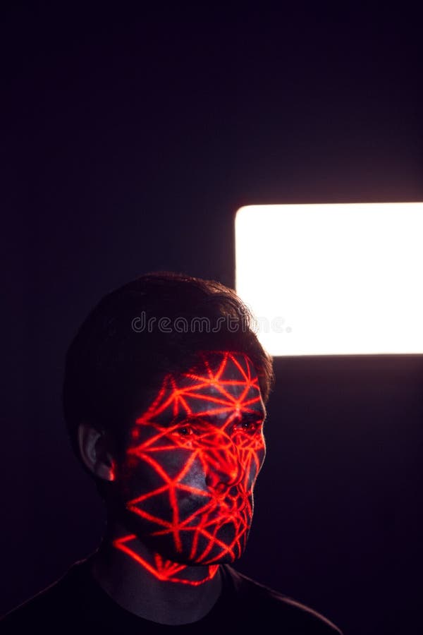 Facial Recognition Technology Concept As Man Has Red Grid Projected ...