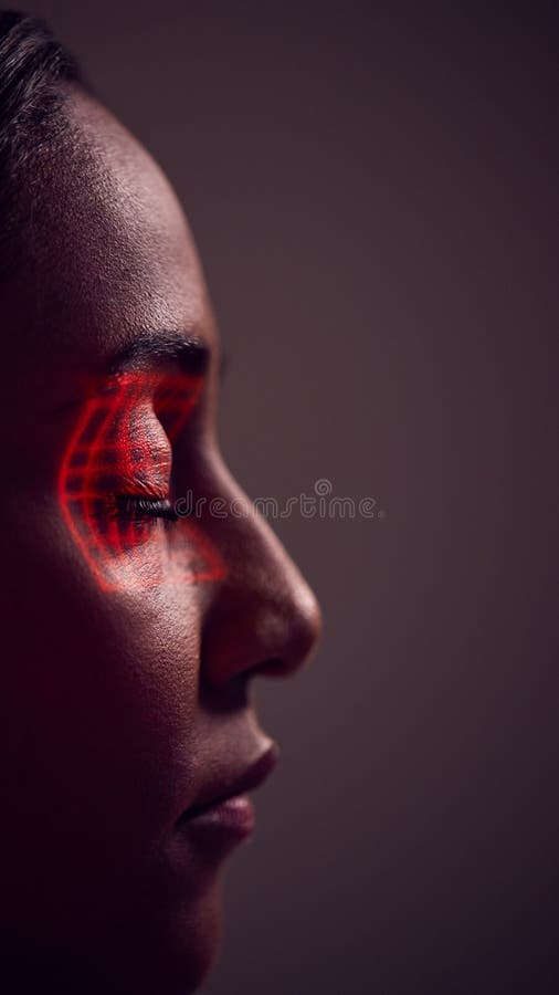 Facial Recognition Technology Concept As Woman Has Red Grid Projected ...