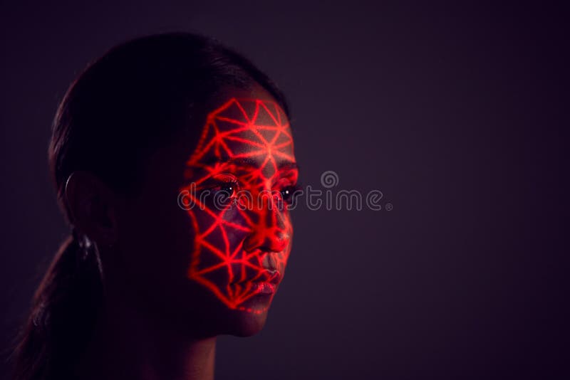 Facial Recognition Technology Concept As Woman Has Red Grid Projected ...