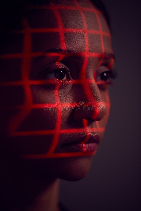 Facial Recognition Technology Concept As Woman Has Red Grid Projected ...