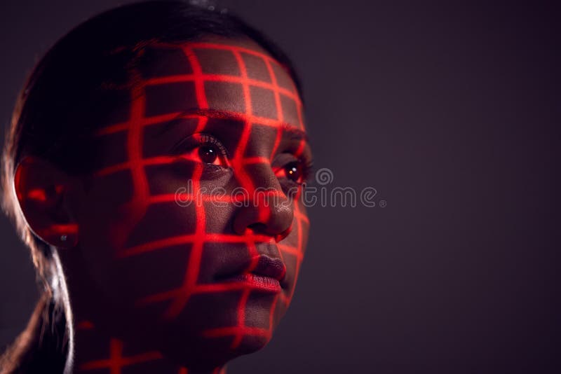 Facial Recognition Technology Concept As Woman Has Red Grid Projected ...