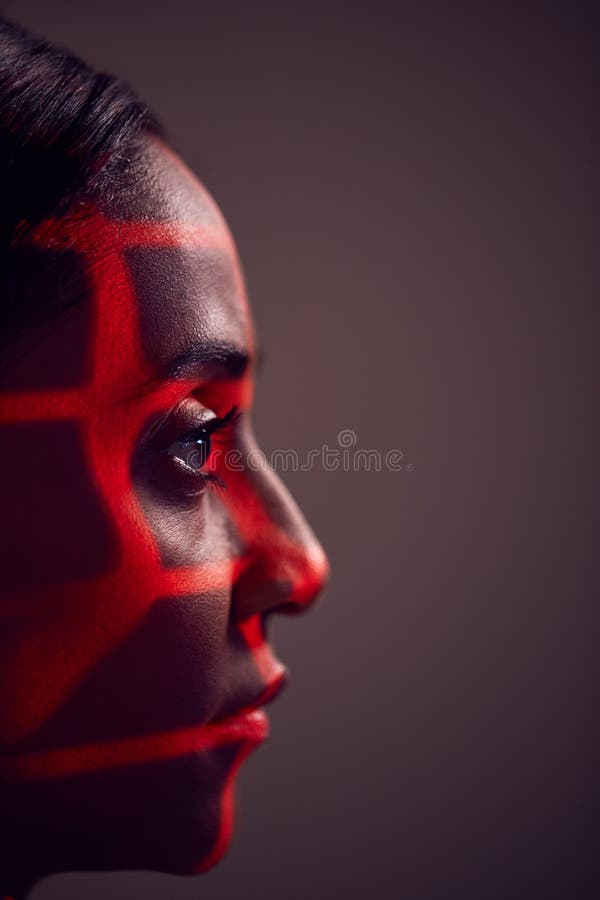 Facial Recognition Technology Concept As Woman Has Red Grid Projected ...