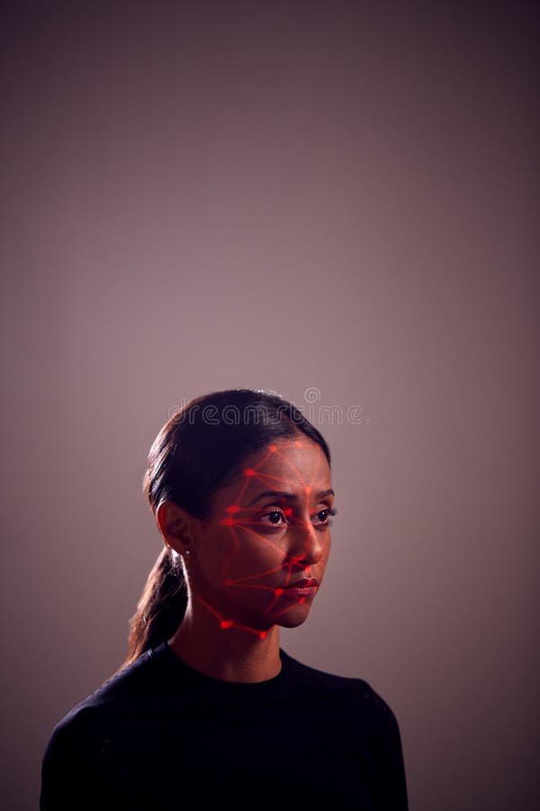 Facial Recognition Technology Concept As Woman Has Red Grid Projected ...