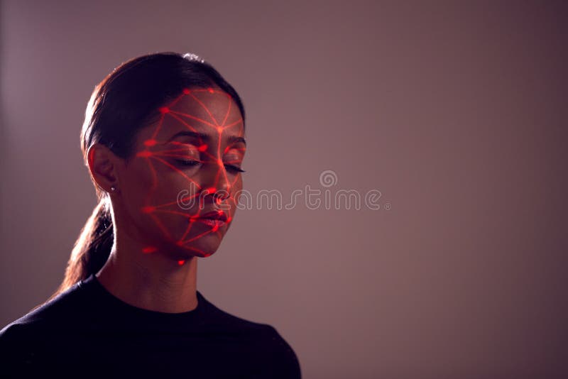 Facial Recognition Technology Concept As Woman Has Red Grid Projected ...