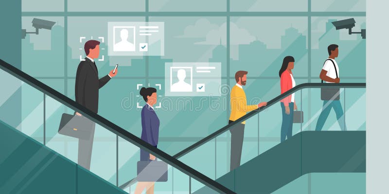 Facial Recognition Technology In A Corporate Building Stock Vector ...