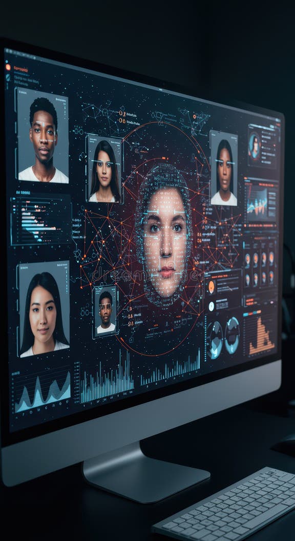 Facial Recognition Technology with Interface and Data Analysis on a Computer Screen Stock Image ...