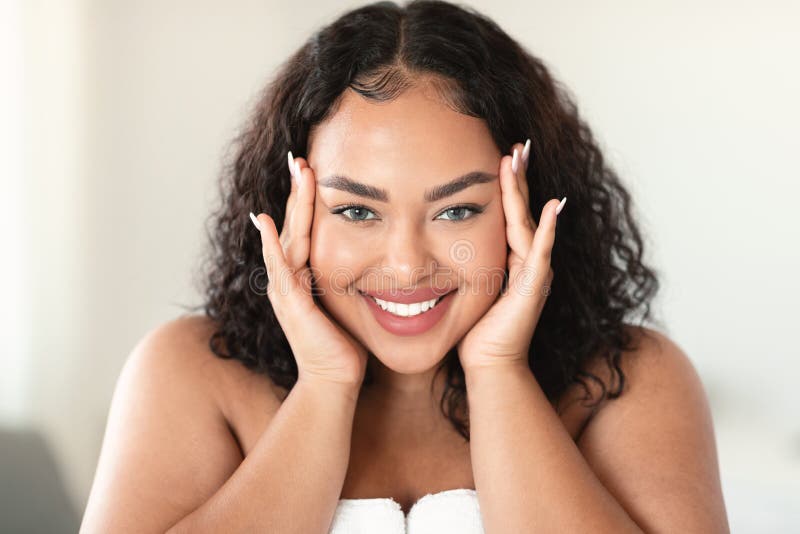 Facial Skincare Concept Happy Plus Size Lady Touching Face And Smiling