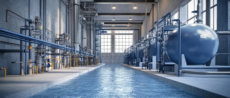 A Modern Water Treatment Plant Featuring Clear Blue Water Flowing ...