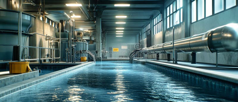 Modern Water Treatment Plant Featuring Clear Blue Water Flowing through ...