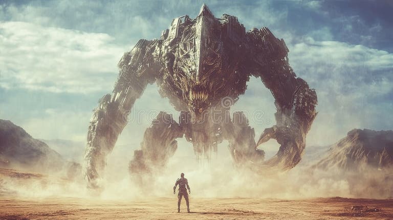 Facing the Machine. a Lone Warrior Confronts a Massive, Alien Construct ...