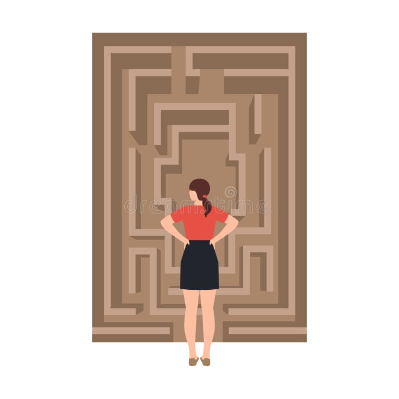 Facing the Maze of Challenges. Woman Stands in Front of a Large ...