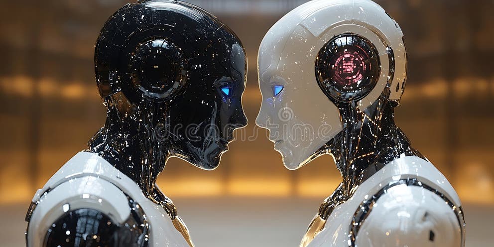 Facing Robots Ai Encounter Close Up White and Black Artificial ...