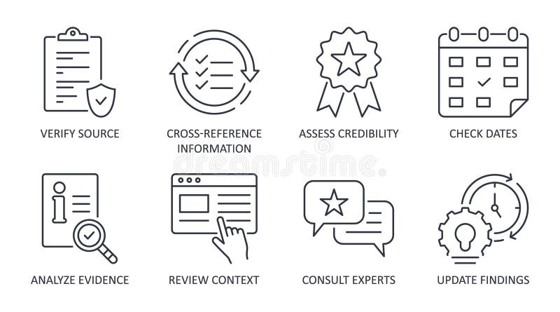 Fact-checking Vector Icons. Process of Verifying News and Information ... Fact-checking Vector Icons. Process of Verifying News and Information ...