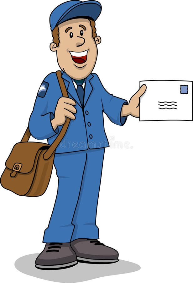 Facteur En Uniforme Bleue Distribuant Le Courrier, Portant Un Colis En ...