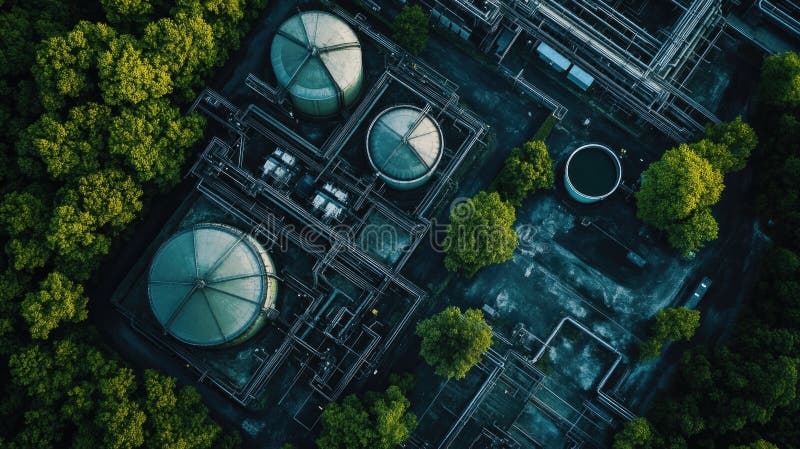 Factory Aerial View with Tanks and Trees Stock Photo - Image of factory ...