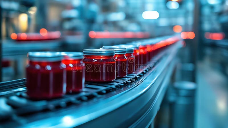 Factory Assembly Line with Jars of Red Jam in Automated Production ...
