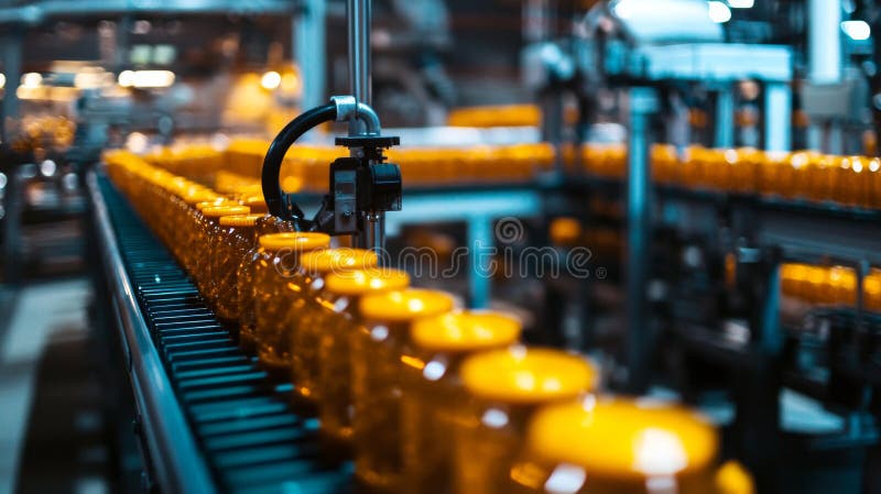 Factory Assembly Line Orange Jars Conveyor Industrial Setting Stock ...