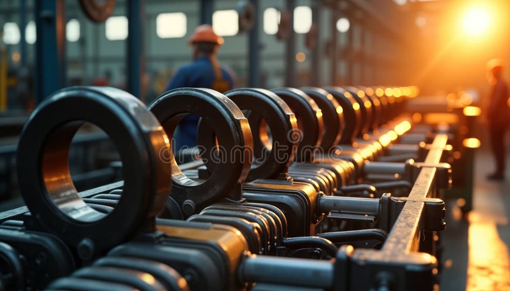 Factory Assembly Line for Roller Bearings. Technician Monitors Process ...