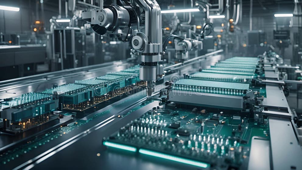 Factory Assembly Line Utilizes Robotics for Automation of Electronics ...