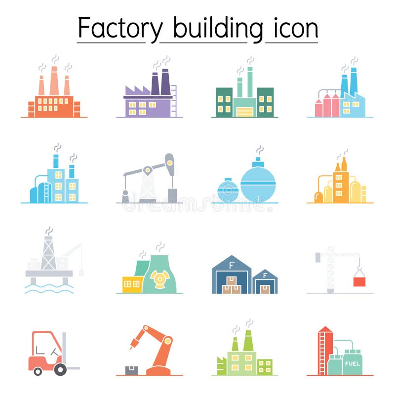 Factory Building Icon Set in Flat Color Style Stock Vector ...