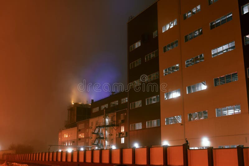 Factory Building at Night in Fog, Winter Stock Photo - Image of ...