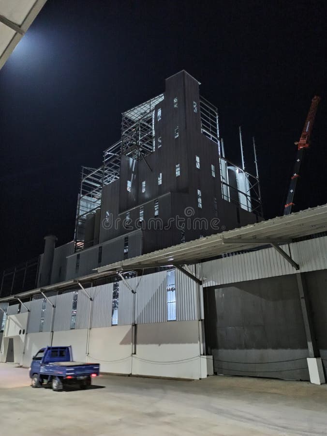 Factory Building Progress with Low Angle at Night Stock Image - Image ...