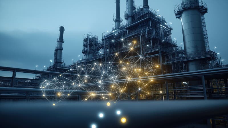 Factory Complex at Night with Interconnected Devices Network ...