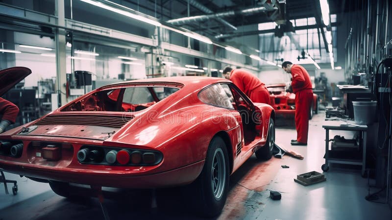 Factory Construction Engineering Works of a Modern Red Sport Car in Big ...
