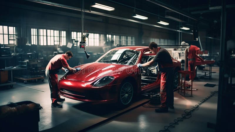Factory Construction Engineering Works of a Modern Red Sport Car in Big ...