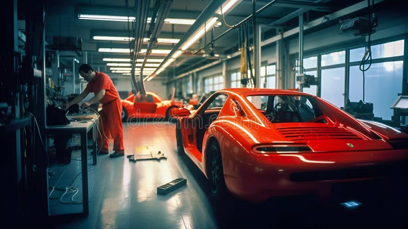 Factory Construction Engineering Works of a Modern Red Sport Car in Big ...