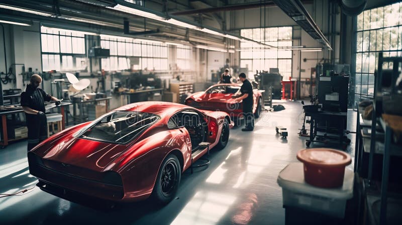 Factory Construction Engineering Works of a Modern Red Sport Car in Big ...