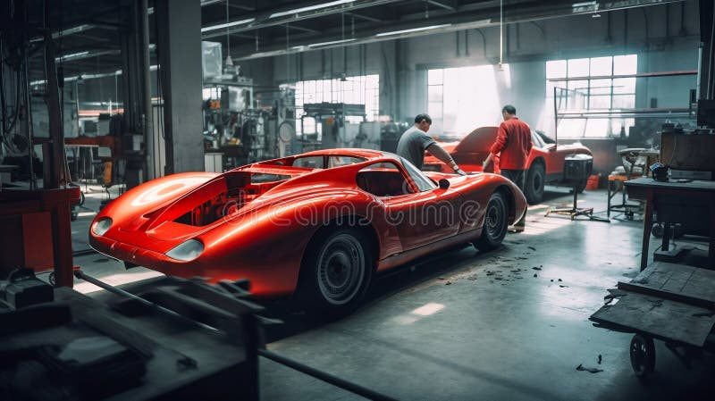 Factory Construction Engineering Works of a Modern Red Sport Car in Big ...
